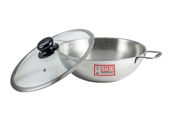 SKB SUS304 Food Grade Stainless Steel 3 Layer Wok With Glass Lid - Masterdeal